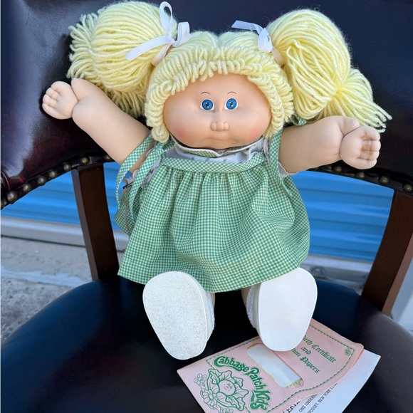 Toys | Vintage 1983 Blonde Cabbage Patch Doll Green Plaid Dress Shoes Birth Certificate | Poshmark